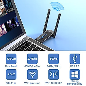 USB WiFi Adapter, ElecMoga 1300Mbps WiFi Dongle USB 3.0 Dual Band 5G/2.4G Wireless Network Adapter for Desktop Laptop PC, Dual 5dBi Antennas, Supports Windows 11/10/8.1/8/7, Mac OS 10.9-10.15