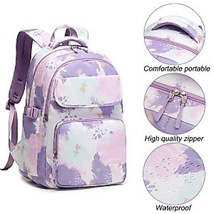 Rexmore Kids Backpack for Girls,3 Pcs Set Elementary Bookbag Waterproof Cute School Bag with Multi Pockets and Compartment,Purple