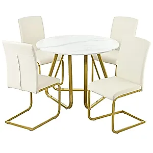 YuiHome 5-Piece Round Dining Furniture Set with Faux Marble Table and Four Chairs with Metal Legs for Kitchen, and Living Room, 5Pcs, White