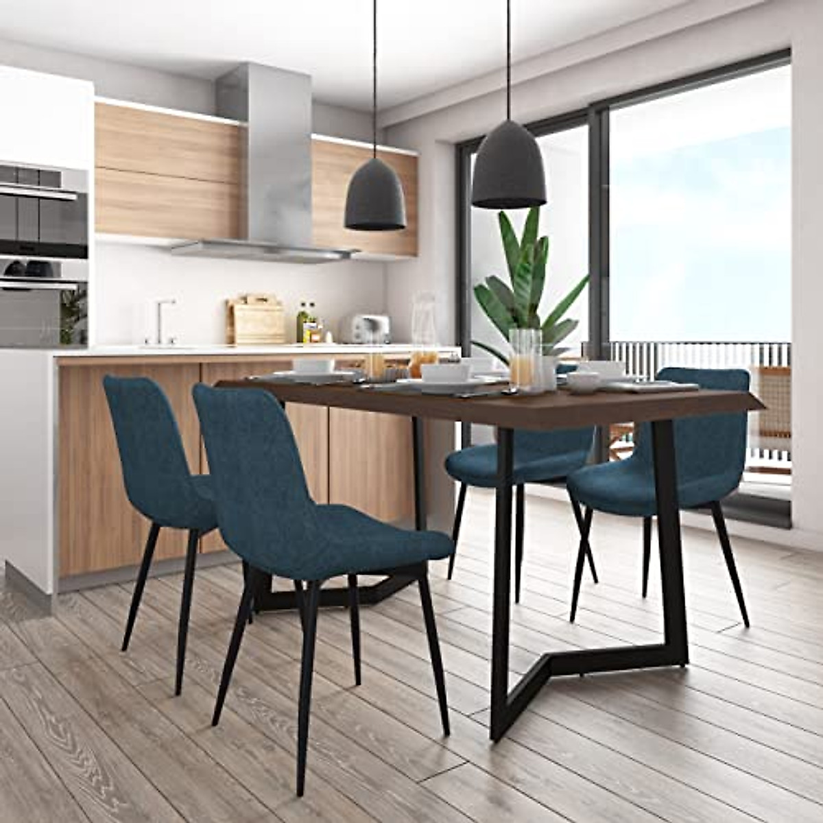 SIMPLIHOME Rosemead Mid Century Modern Dining Chair (Set of 2) in Blue Linen Look Fabric, For the Dining Room