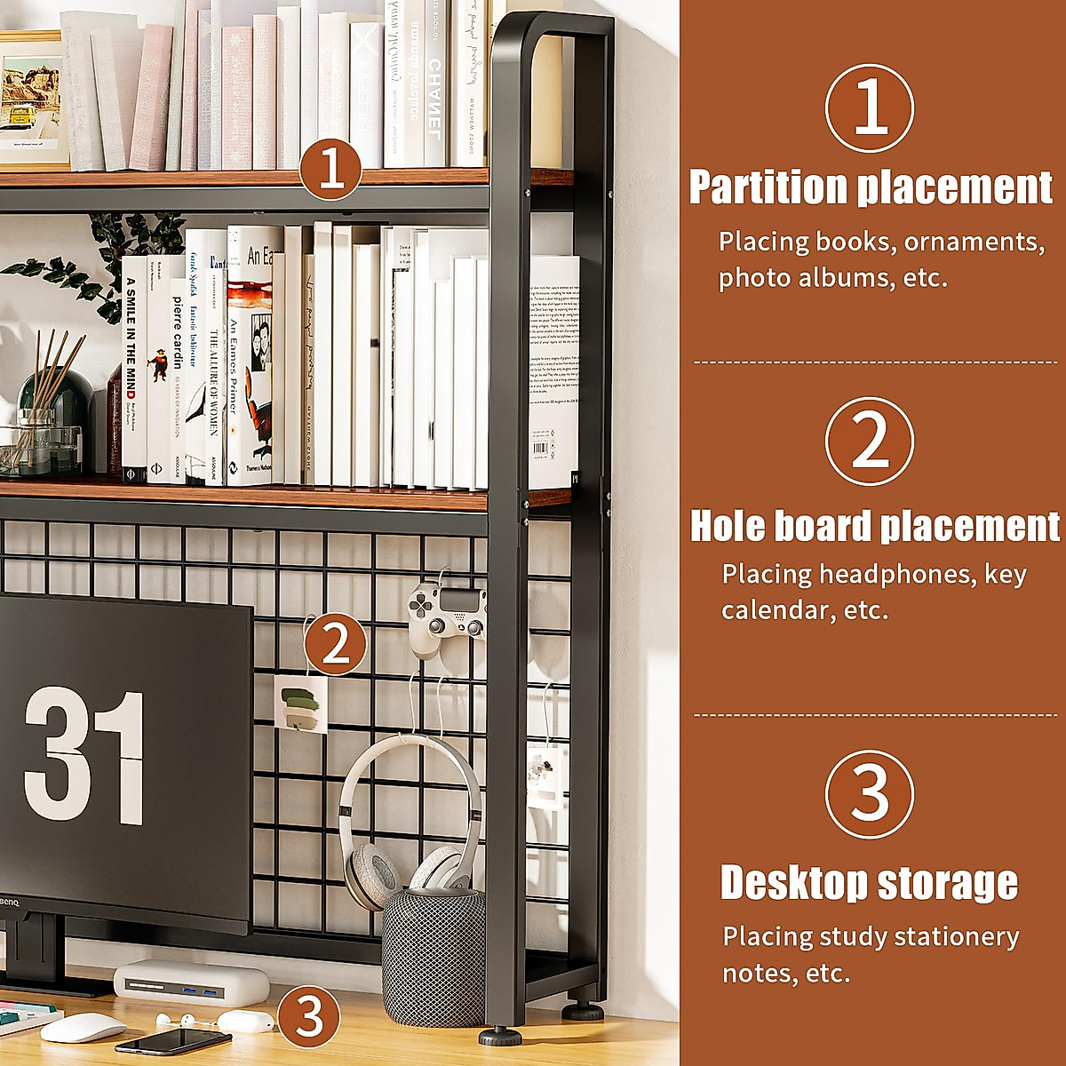 HUATOL Desktop Bookshelf for Computer Desk, 2-Tier Multipurpose Wood Countertop Bookshelf, Multipurpose Freestanding Storage Rack Display Shelf for Office, Home Decor, Kitchen, Brown