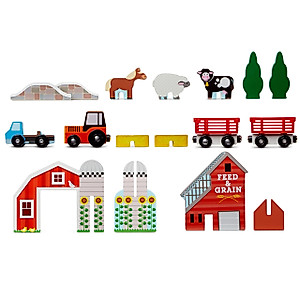 Melissa & Doug 17-Piece Wooden Tabletop Farm Playset With 4 Vehicles, Grain House & Play Pieces - Pretend Barnyard Toy For Toddlers Ages 1+