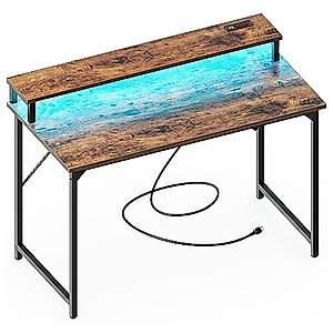 SUPERJARE 47 inch Computer Desk with LED Lights & Power Outlets, Home Office Desk with Monitor Shelf, Small Desk for Home & Office, Rustic Brown