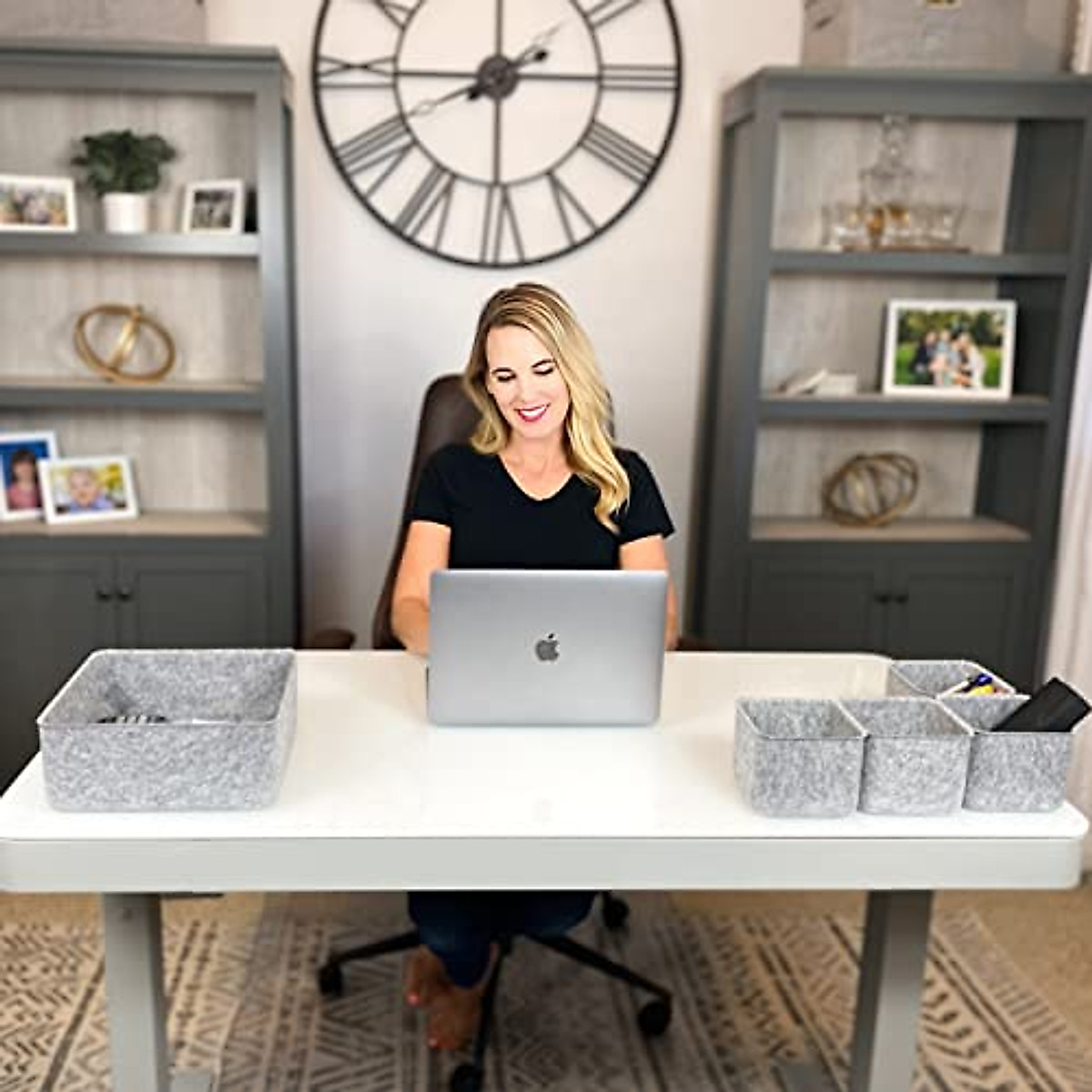 Welaxy Desk Organizers Storage bins Set Office Drawer Organizers Pen holder pencil cup phone stand sticky note storage Closet Cabinet boxes Organizing 5-piece Pack (Gray)