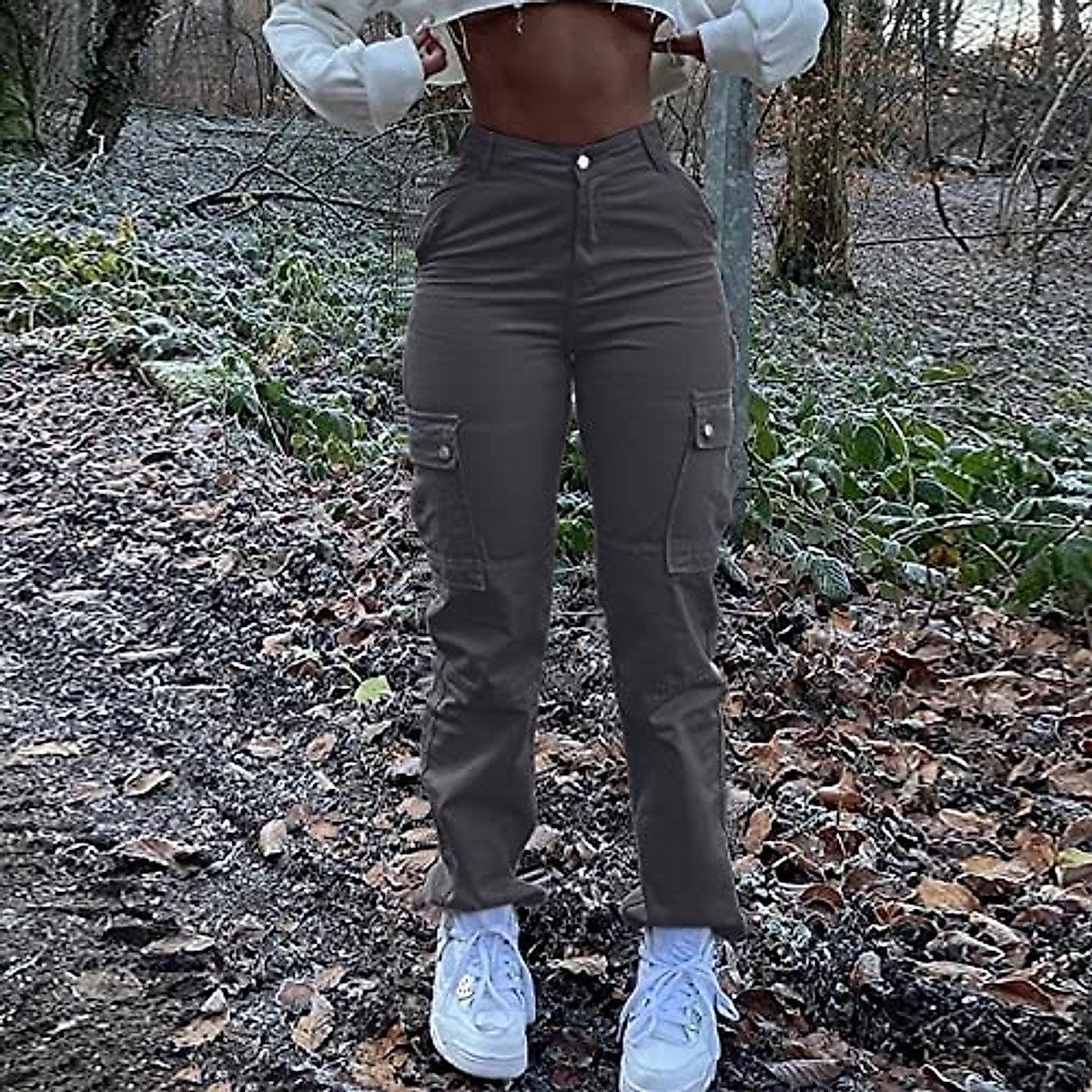 HCNTES Cargo Pants Women High Waisted Wide Leg Y2k Straight Pant for Women with Pockets Casual Parachute Plus Size Trousers Grey