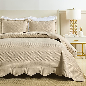 mixinni Quilt Set King Size Khaki 3 Piece Embossed Solid Color Coverlet Set Lightweight Bed Quilted Set Bedspread for All Season 1 Quilt +2 Matching Pillow Shams-(King, Khaki)