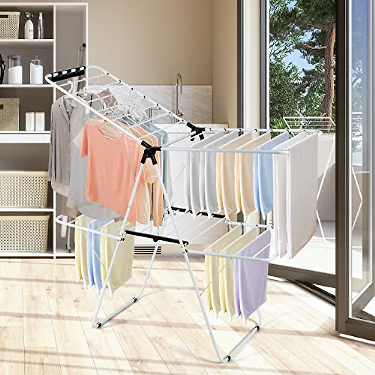 GOFLAME 2-Tier Clothes Drying Rack, Folding Laundry Dry Rack with Adjustable Supporting Bar, 26 Premium Clips, Space-Saving & Collapsible Laundry Hanger for Easy Storage, No Assembly Needed