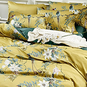mixinni Garden Style Cotton Flowers and Birds Pattern Printed Duvet Cover Reversible Design Peacock Blue 3 Piece Bedding Duvet Set with Zipper Closure, Perfect for Him and Her-Queen Size