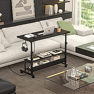 Height Adjustable Standing Desk with Power Outlets, 32" Manual Stand Up Desk with Storage Shelves Small Mobile Rolling Computer Desk Portable Laptop Table with Wheels for Home Office, Black