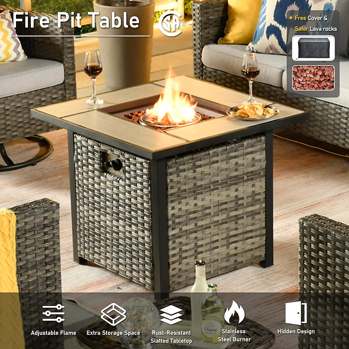 HOOOWOOO Patio Outdoor Conversation Set with Fire Pit Table,6 Piece Modern Outside Furniture with Swivel Rocking Chairs,PE Wicker Out Door Furniture Sofa Set(Denim Blue)