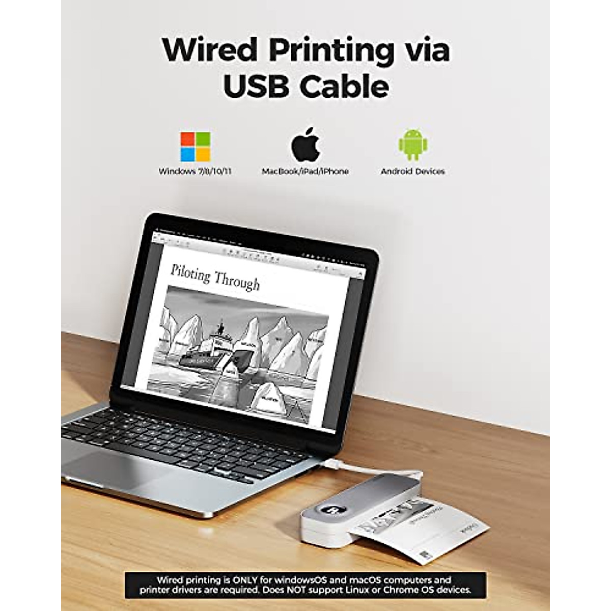 paperang Portable Thermal Printer Supports A4 Paper for Mobile Monochrome Prints, Wired Printing for Windows & macOS via USB and Wireless Printing for iOS & Android Devices via Bluetooth