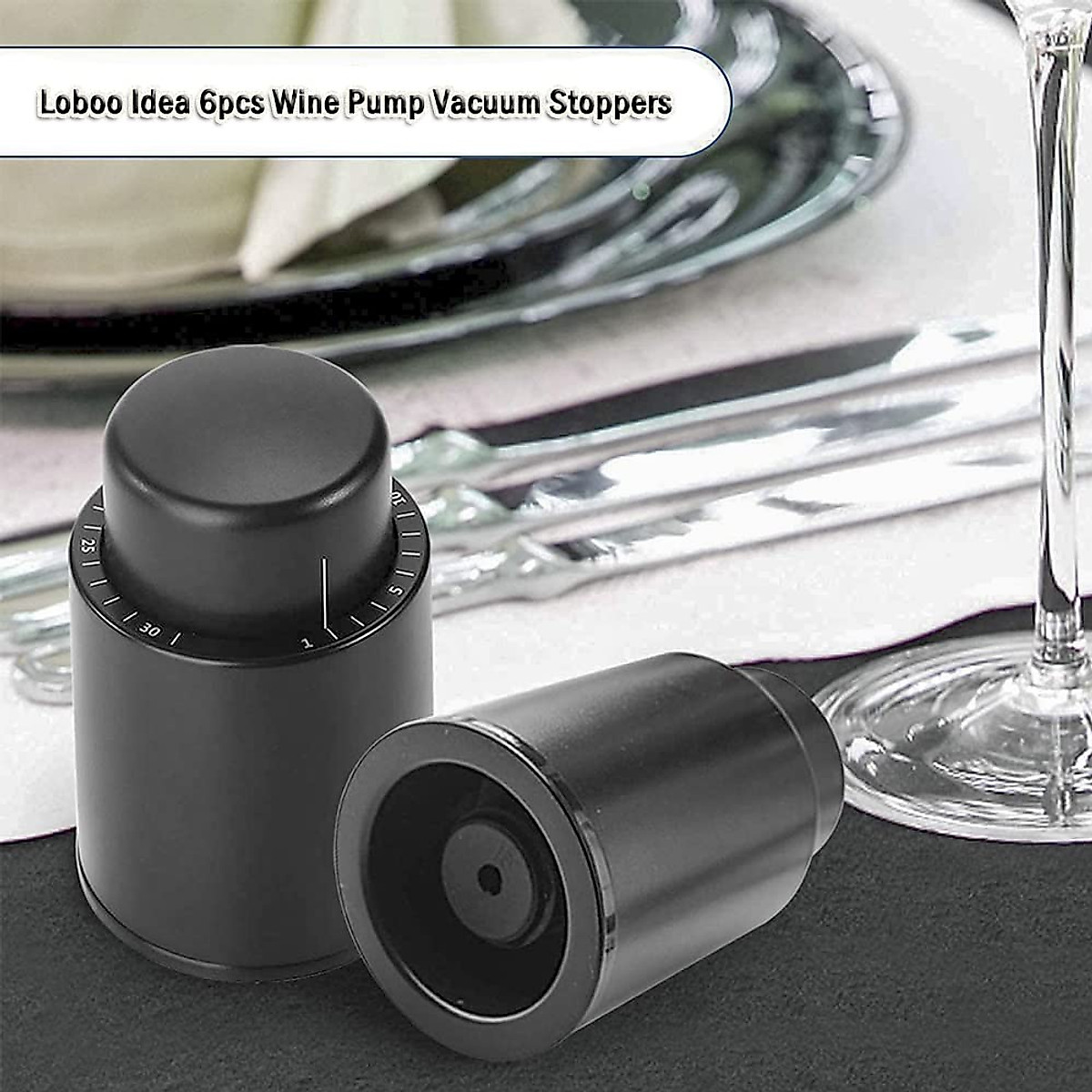 Loboo Idea Wine Pump Vacuum Stoppers, Wine Savers Vacuum Pump Stoppers For Glass Bottles (Black, 6pcs/box)