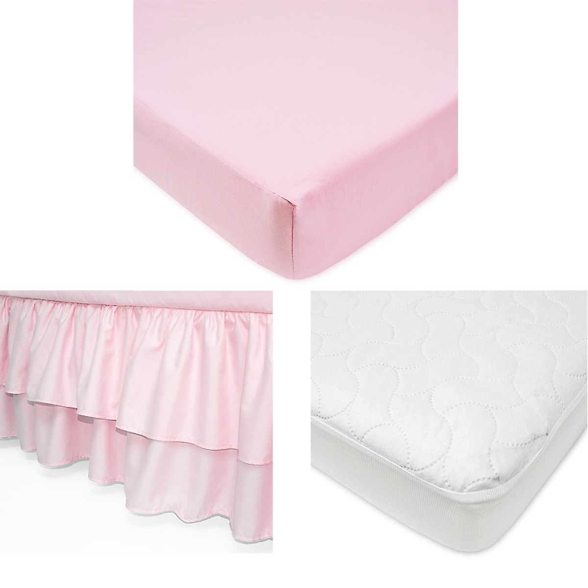 American Baby Company Double Layer Ruffled Crib Skirt Waterproof Mattress Pad Cover and Microfiber Fitted Crib Sheet Bundle, Pink, for Girls