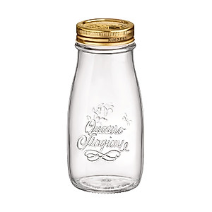 Bormioli Rocco Quattro Stagioni, Glass Canning Jar and Drinking Bottle, 13.5 Oz. with Gold Metal Airtight Lid, Made in Italy.