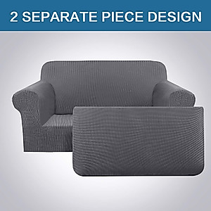 H.VERSAILTEX High Stretch Rich Jacquard 2-Piece Loveseat Slipcover/Furniture Covers for Loveseat with Elastic Bottom, Suit for T Cushion/Box Cushion Spandex Jacquard Fabric, Charcoal Gray