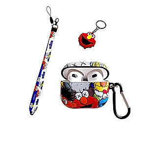 Fancy Funny Personalised and Unique IMD Process TPU Soft Airpods 3rd Generation Case,with Sesame Family Lanyard Keychain Airpods 3rd Generation Case Cover（2021 Release）