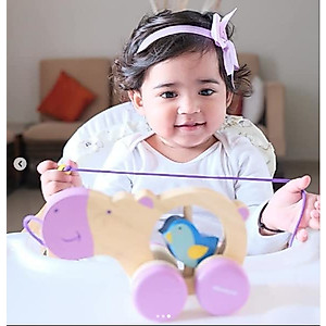 Shumee Wooden Hippo Pull Along Toy (1 Year+) with Attached String - Encourage Walking, Develop Hand-Eye Coordination, Build Gross Motor Skills