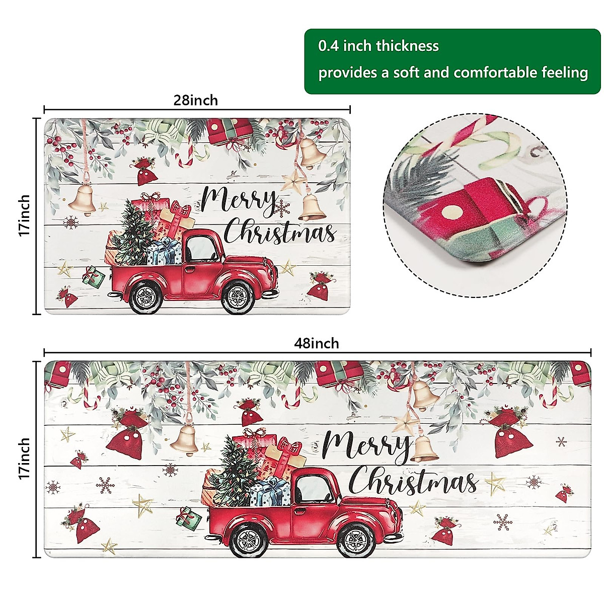 VSIWB Christmas Kitchen Rugs Sets of 2 Rustic Anti Fatigue Kitchen Mats for Floor Red Truck Wood Grain Kitchen Rugs and Mats Non Slip Cushioned Floor Carpet for Winter Holiday Xmas Home Decor