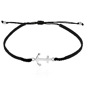 AeraVida Anchor of Hope .925 Sterling Silver Cotton Rope Adjustable Wrist Pull Bracelet | Unisex Bracelets | Hope Anchor Bracelet | Pull Bracelet | 10mm Bracelet