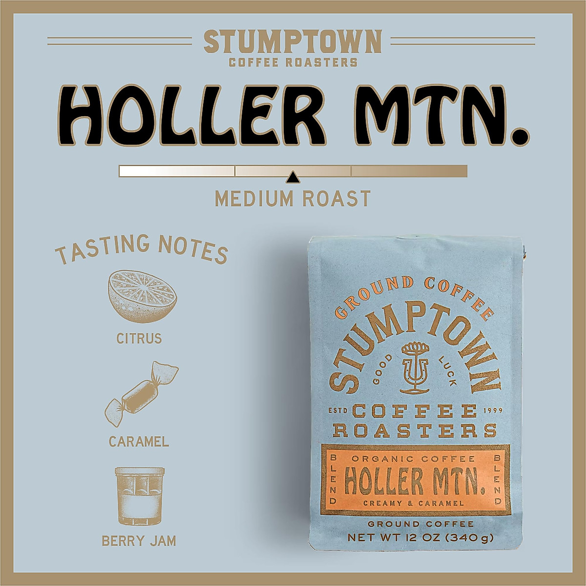 Stumptown Coffee Roasters, Organic Medium Roast Ground Coffee Gifts - Holler Mountain 12 Ounce Bag, Flavor Notes of Citrus Zest, Caramel and Hazelnut