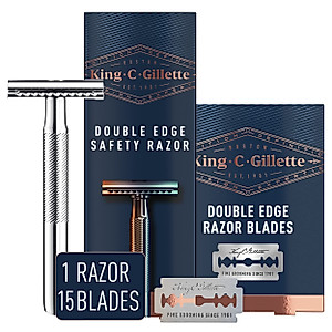 King C. Gillette Safety Razor with Chrome Plated Handle and 5 Platinum Coated Double Edge Safety Razor Blade Refills with Double Edge Safety Razor Blade Refills, 10ct