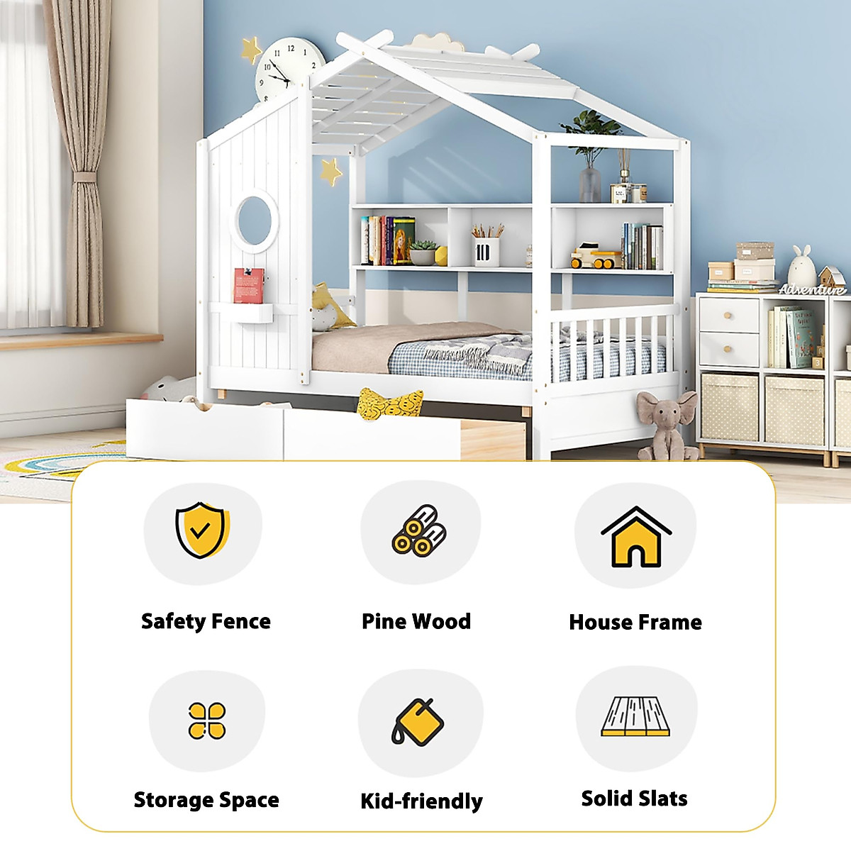 Bellemave Twin Size House Bed with 2 Storage Drawers,Kids Bed with Storage Shelves,Wooden House Bed Frame for Girls,Boys,Can be Decorated,White