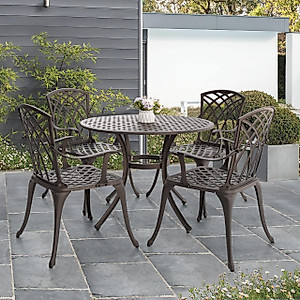 NUU GARDEN 5 Piece Outdoor Patio Dining Set, All-Weather Round Cast Aluminum Dining Table with 1.97" Umbrella Hole and Outdoor Patio Dining Chairs for Patio, Garden, Backyard, Balcony, Bronze