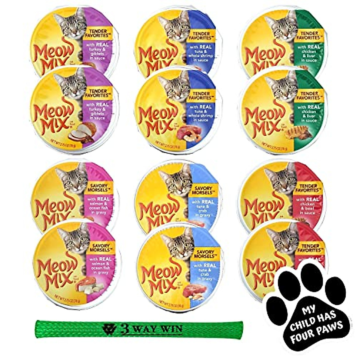Meow Mix Wet Cat Food Variety Bundle | 6 Flavors, (2) Cups Each: Tuna Shrimp, Salmon Ocean Fish, Tuna Crab, Chicken & Liver, Chicken Beef, and Turkey & Giblets (2.75 OZ.) | Plus Kitty Toy and Magnet!