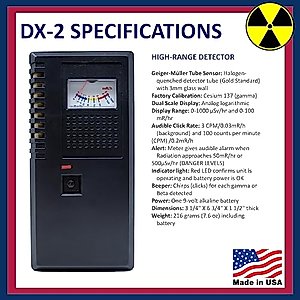 RDX-2 High-Range Handheld Radiation Monitor & Detector | Geiger Muller Tube detects Gamma, Beta, and X-ray Radiation | Range: 0-1000 µSv/hr and 0-100 mR/hr | not affected by EMP | Instant Reading
