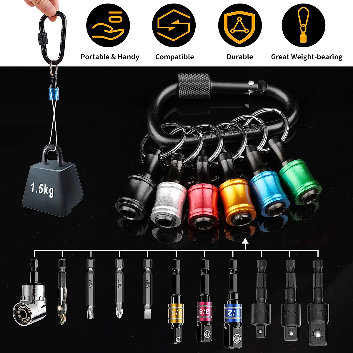 Katerk Bit Holder Key chain Gadgets for Men - 1/4 Drill Bit Holder 6Pcs, w/Drill Socket Adapter 3 Sizes 1/4" 3/8" 1/2", w/ 105° Multifunction Right Angle Drill, 10Pcs Cool Gifts Electrician Tools