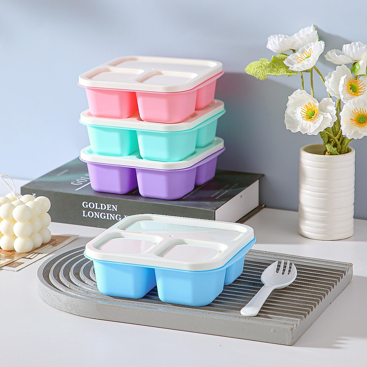 4 Pack Bento Box For Kids, 3 Compartments Bento Snack Box Meal Prep Containers For Adults, Lunchable Container for Kids, Reusable Food Storage Containers Snack Containers for School, Work, Travel