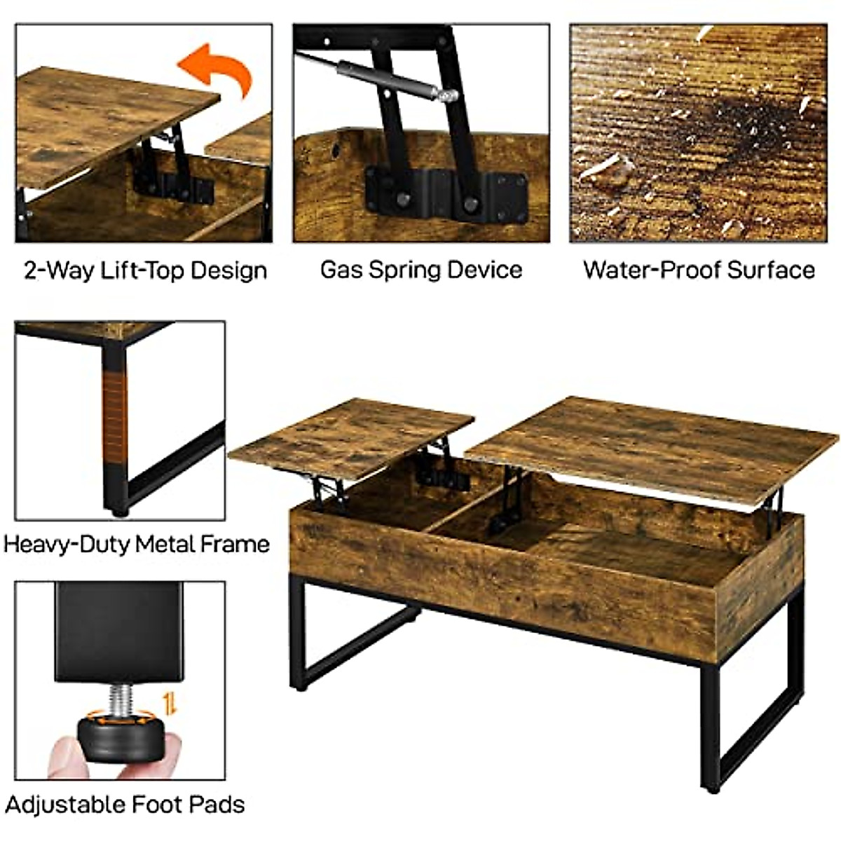 Yaheetech 2 Way Lift Top Coffee Table with Separated Hidden Storage Compartments,Adjustable Tabletop Dining Table for Living Room, Metal Frame, Rustic Brown