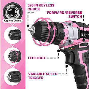 Bielmeier 20V Cordless Lithium Drill Kit with 100 PCS Combination Drills Set,3/8 inches Keyless Chuck, Electric Drill with 2-Variable Speed Switch LED ,Complete Home & Garage DIY Tool…