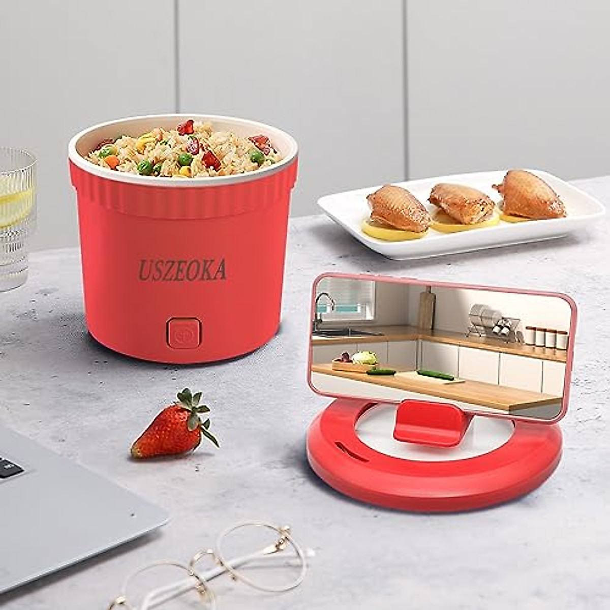 Uszeoka Ramen Cooker, Mini Electric Pot 1L, 450W Electric Hot Pot Electric Cooker, Portable Pot Noodle Cooker for Pasta Steak Egg with Over-Heating Protection, Dorm Room Cooking Appliances, Red