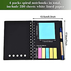 TOODOO 4 Packs Lined Spiral Notebook Kraft Paper Cover Notepad with Pen In Holder, Sticky Notes and Page Marker Colored Index Tabs, Steno Pocket Business Notebook (Black, Large)