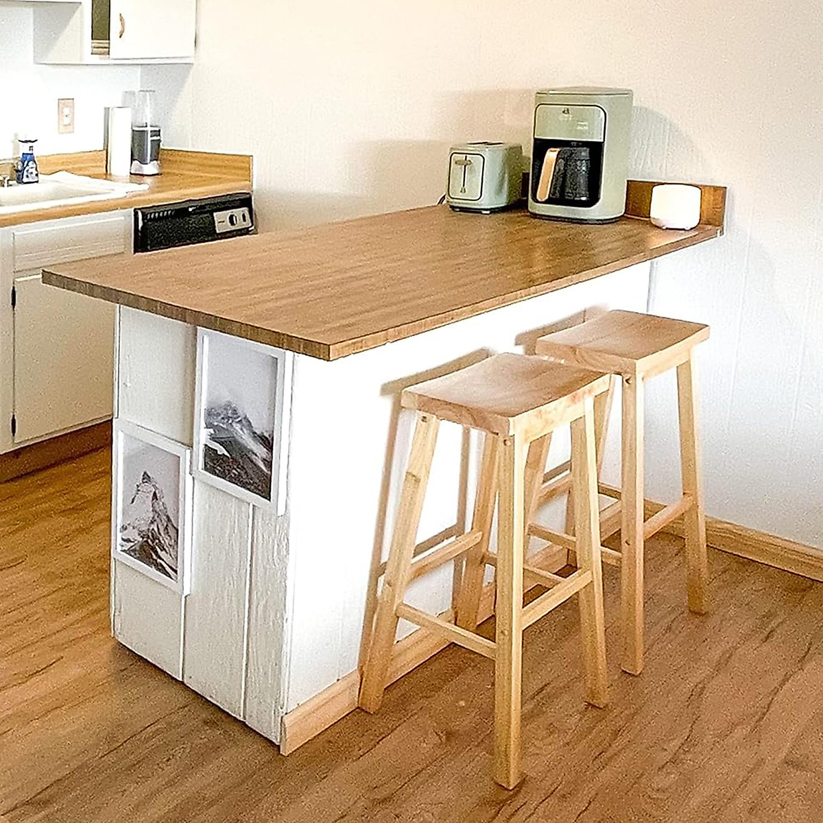 PJ Wood 24 Inch High Easy to Maintain Single A Frame Classic Bar Stool Saddle-Seat with Built in Bars as Footrests, Natural Wood