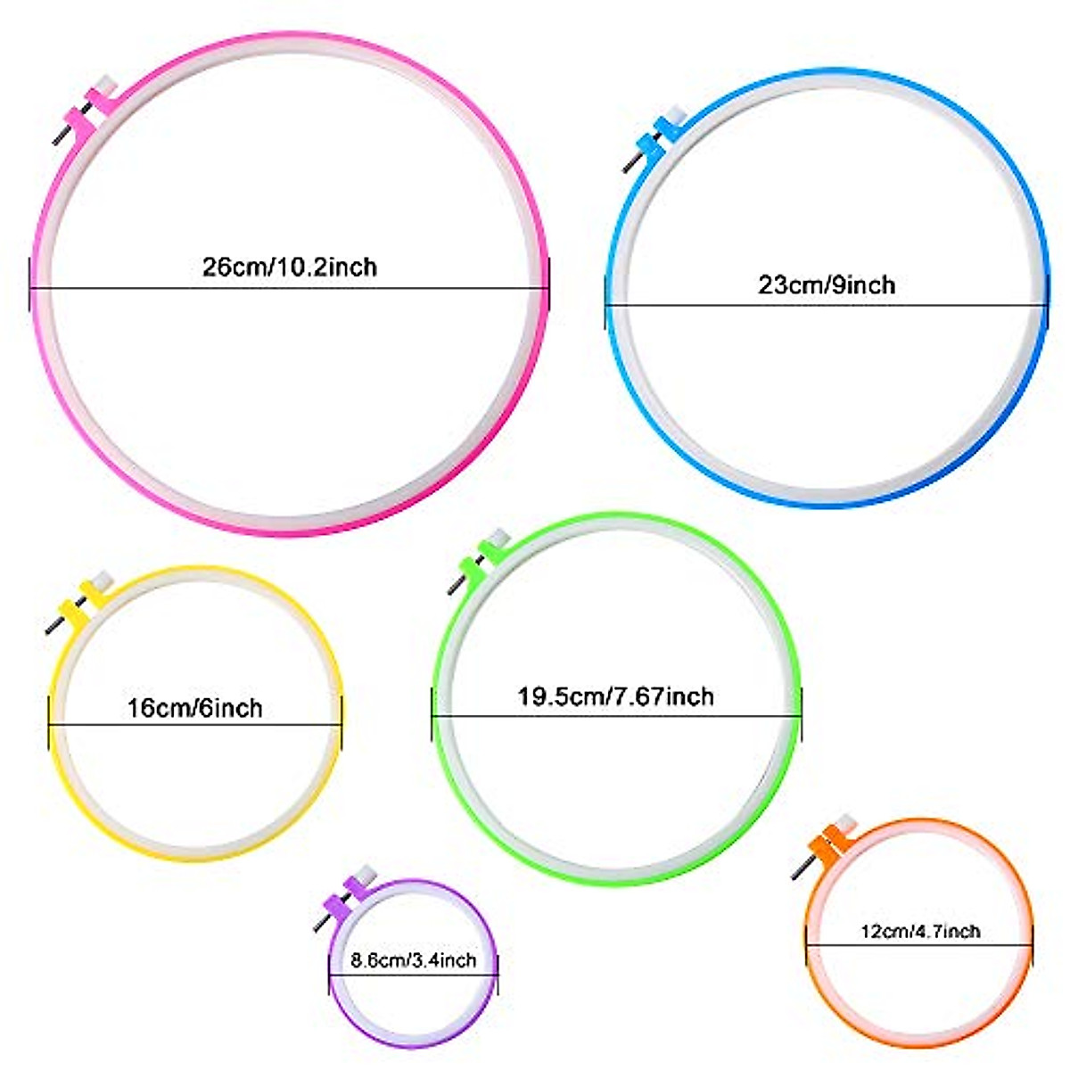 Caydo 6 Pieces Embroidery Hoops and 15 Needles, Plastic Circle Cross Stitch Hoop Ring Embroidery Circle Set, 3.4 inch to 10.4 inch (Multicolor)