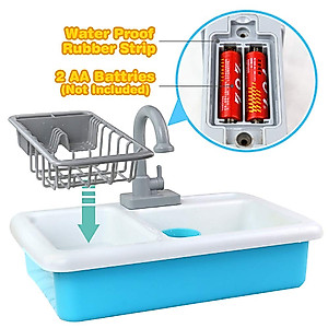 Kids Role Play Kitchen Sink with Running Water - 20 Piece Electric Dishwashing Toy with Working Faucet, Dish Rack, Plastic Dishes, Sponge, Brush and Pretend Dish Soap