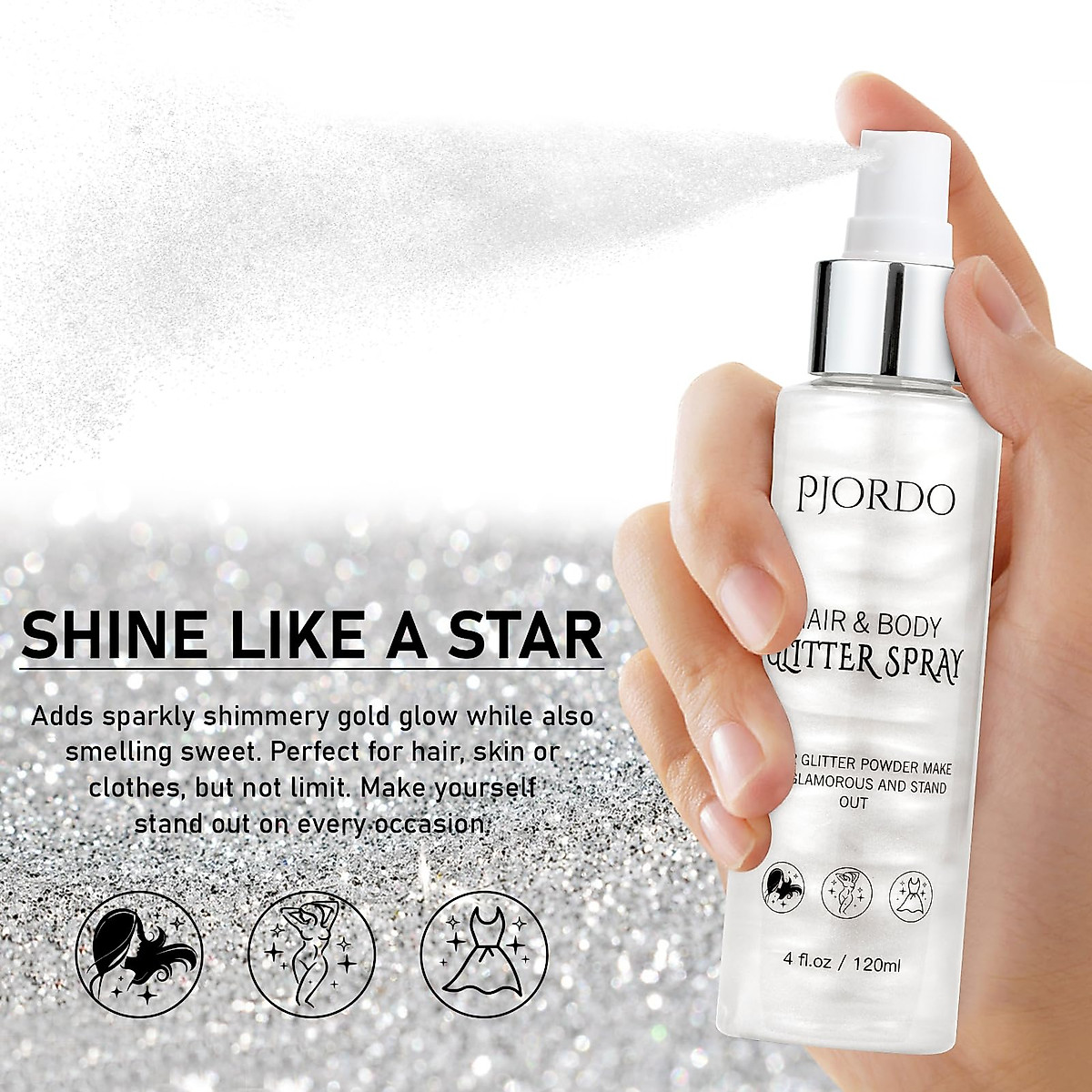 Pjordo Body Glitter Spray, Shimmer Spray, Gold Glitter Spray for Hair and Body, Glitter Hairspray, Quick Dry Long-Lasting Highlighter Powder Spray for Women Christmas Makeup Party Festival Rave 4FL.OZ