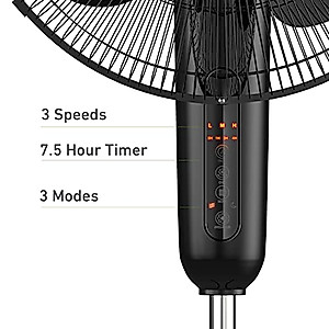 HOLMES 16" Digital Stand Fan, 80° Oscillation, 3 Speeds, 3 Modes, 7.5 Hour Timer, Adjustable Height, 30° Adjustable Head Tilt, Ideal for Home, Bedroom or Office, Remote Control, Black