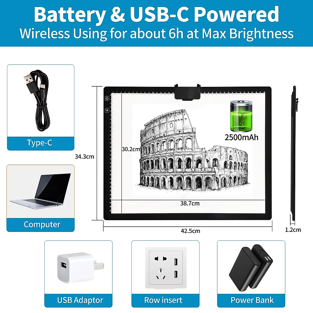 KOBAIBAN Wireless A3 LED Light Pad with Foldable Stand, Top Clip, 3 Colors/Stepless/ 6-Level Dimmable Brightness Rechargeable tracing Light Box/Board for Cricut Vinyl, Weeding Tool, Diamond Painting