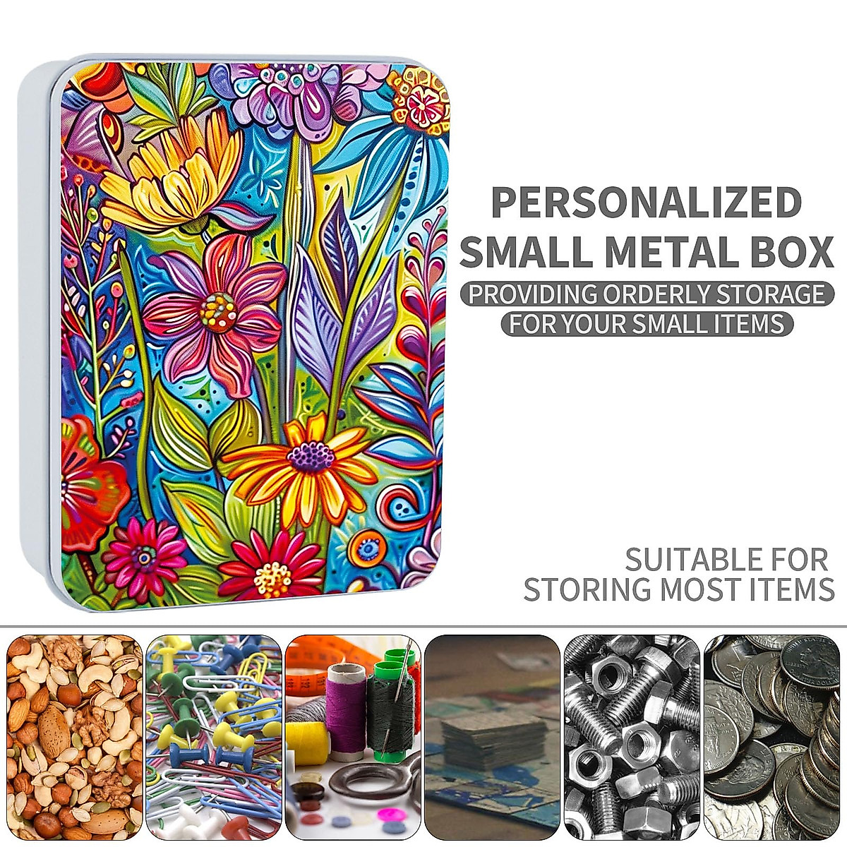ETLKJVBL Metal Tin Box Sturdy Metal Storage Box with Lid, Large Container Holder for TCG Cards,Car Keys,Cookies,Tin Containers for Gift,5.0x3.7x1.6 Inch,Exquisite Pattern Design(Colorful Flowers)