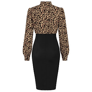 GRACE KARIN Women's Business Colorblock Bodycon Sheath Dress Long Sleeve Tie Neck Office Leopard Pencil Dress Wear to Work Brown XXL