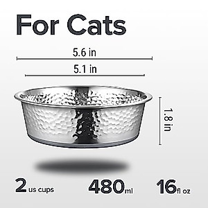 URBUDDIES 2 Pack Hammered Stainless Steel Cat Bowls, 2 Cup, Gray Bottom
