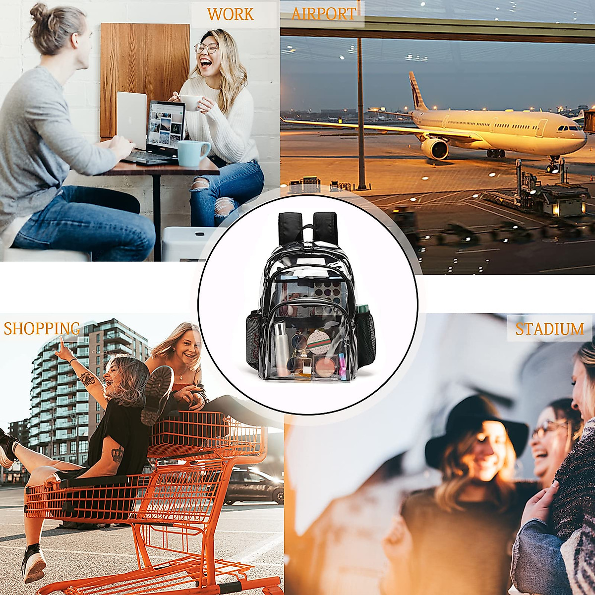 KUI WAN Clear Backpack Heavy Duty,Large Clear Bag PVC Transparent Bag for Stadium,School,Black