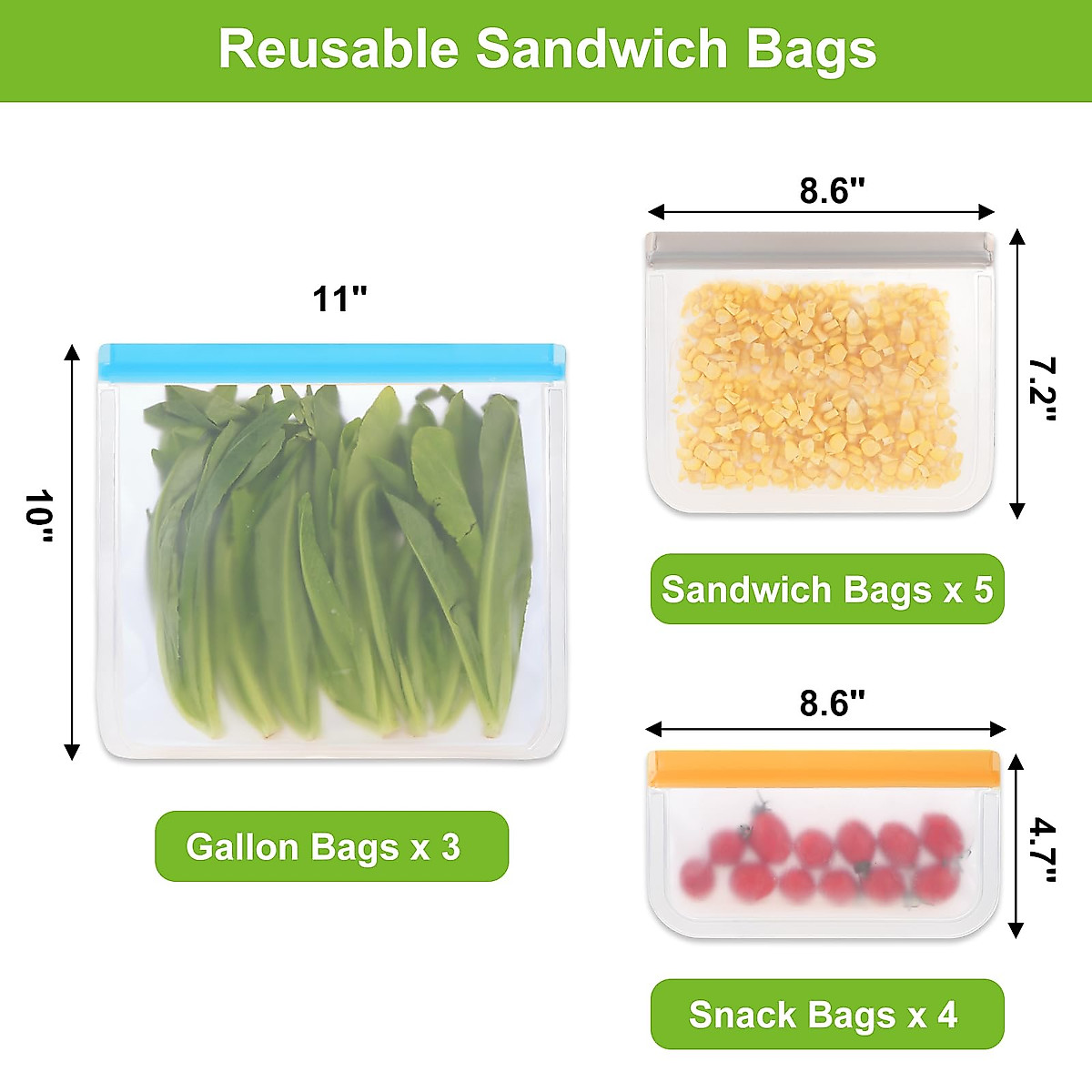 Moretoes Reusable Bags, 12 Pack Food Storage Bags Silicone Bags Reusable Storage, 3 Gallon Bags, 5 Reusable Sandwich Bags, 4 Snack Bags