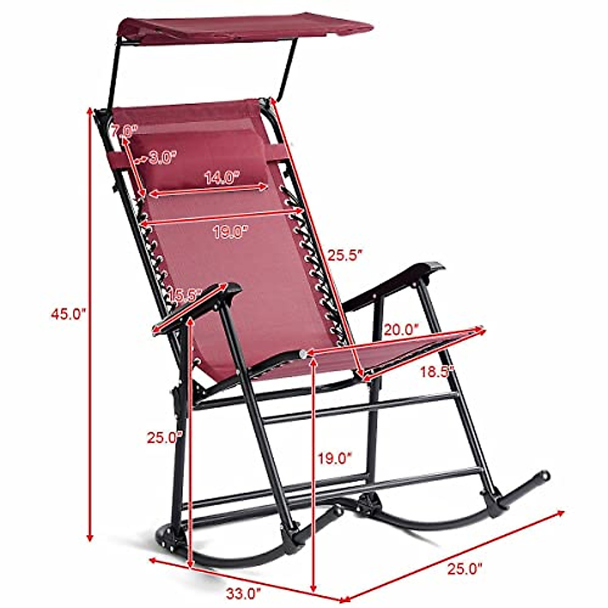 Ergonomic Design Zero Gravity Folding Rocker Porch Rocking Chair with Sunshade Canopy, Sturdy and Durable DLHDRUSTS