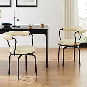 Art Leon Swivel Dining Chairs, Set of 2, Faux Leather Upholstered Dining Room Chairs, Modern Accent Armchairs with Black Metal Legs for Kitchen Living Room Bedroom, Off White