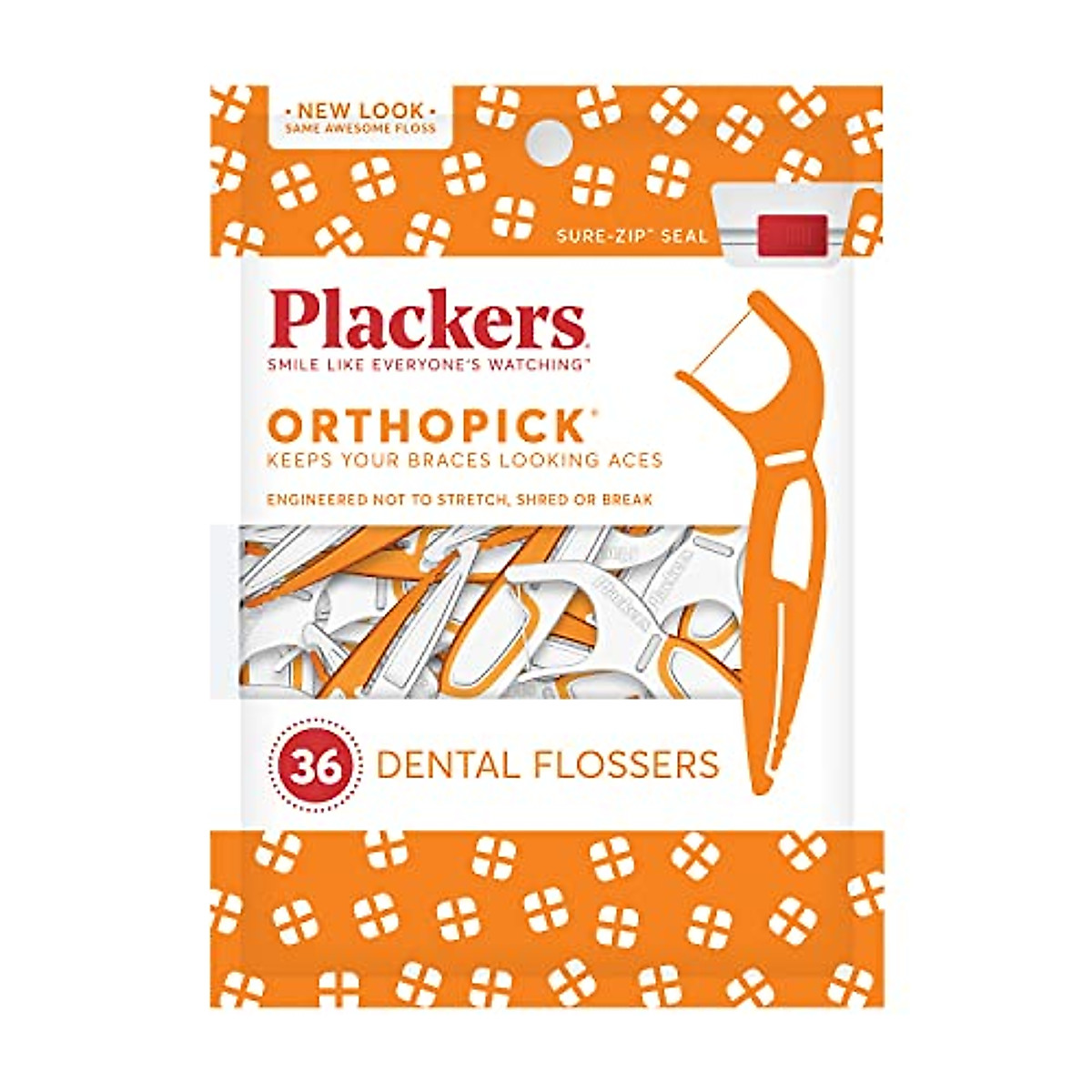 Plackers Orthopick Dental Floss Picks for Braces, 144 Count (36 pack of 4) Made with Super TufFloss, Soft, Flexible Toothpick, Gentle on Braces, Orange