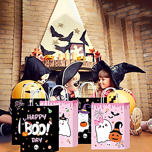 Keioy Halloween Paper Gift Bags 24 Pack, Halloween Themed Treat Bags with 4 Unique Designs (6 Pcs Each) for Happy Boo Day, Pumpkin Gifts, Ghost Party Favors, Perfect Halloween Goody Bags for Parties